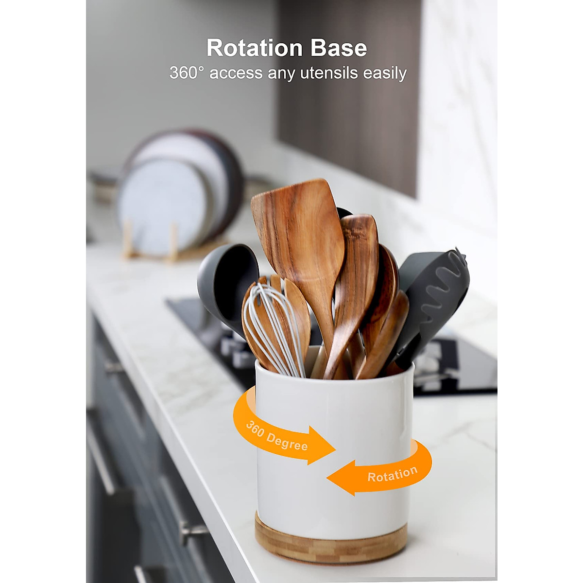 Nucookery 360° Rotating Utensil Holder, 7.2" Large Utensil Crock, White Ceramic Cooking Utensil Organizer with Countertop-Protection Cork Bottom for Farmhouse Kitchen Decor Gift (White)