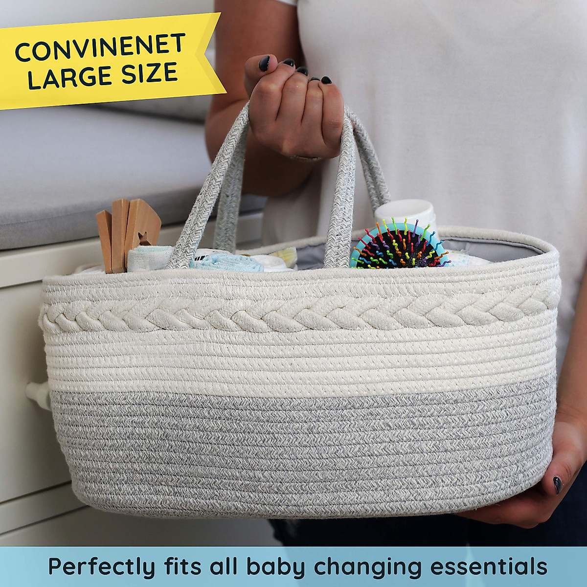 StarHug Baby Diaper Caddy Organizer – Baby Shower Basket with 2 Inner Pockets, Cleanable Interior, 100% Cotton Rope, Eco-Friendly, Large