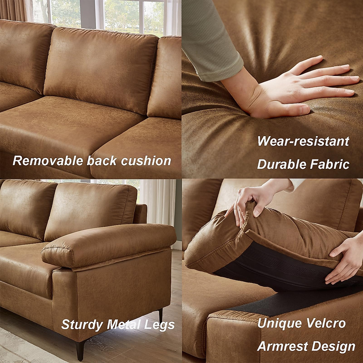 100.8" Sectional Sofa,Faux Leather Couch with Reversible Chaise,Mid-Century L Shaped Sofa Couch for Living Room, Apartment,Office (Brown, Loveseat)