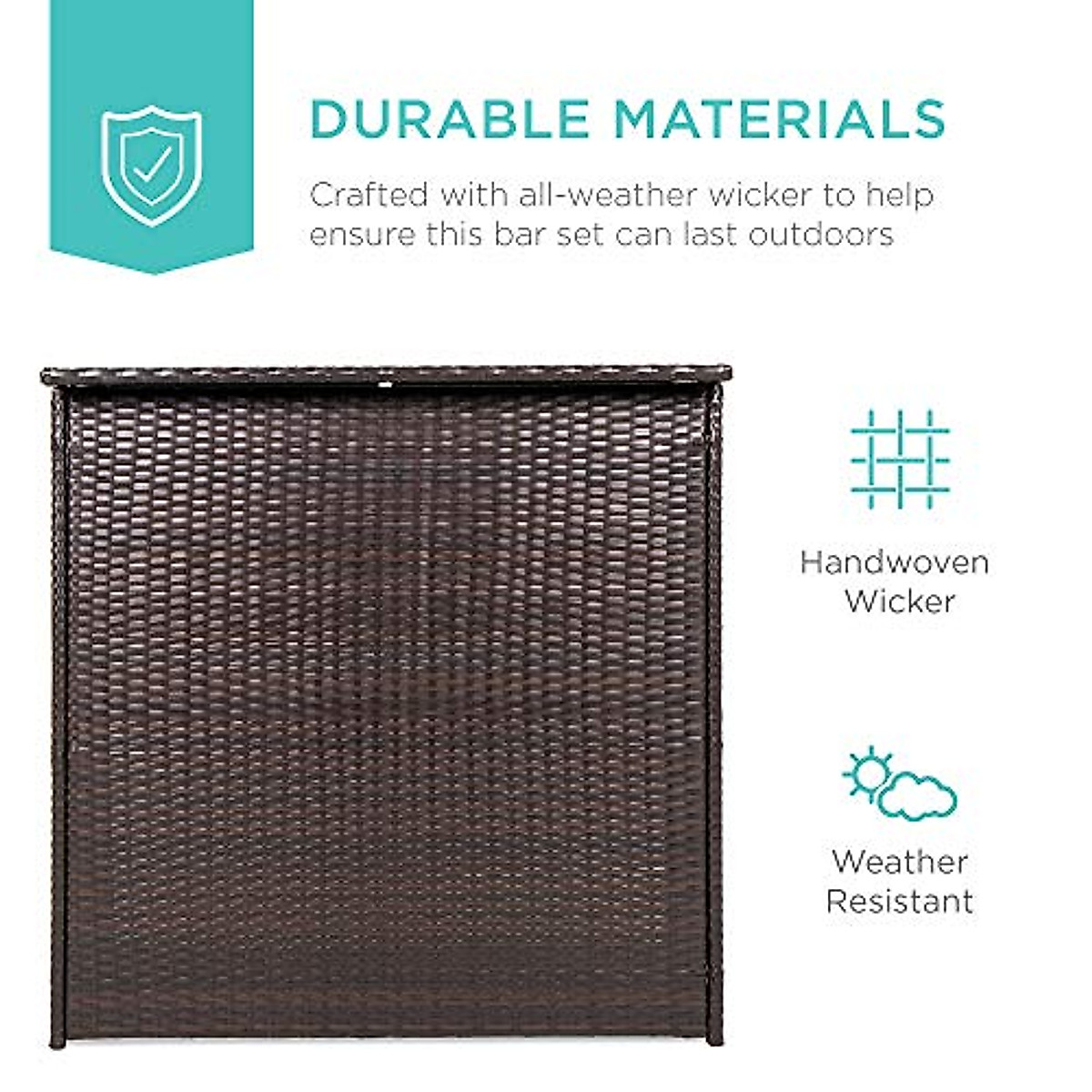 Best Choice Products 3-Piece All-Weather Wicker Bar Table Set for Indoor Outdoor, Kitchen, Patio, Backyard w/ 2 Stools, Glass Tabletop, Storage Shelves - Brown