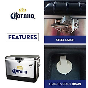Corona Ice Chest Beverage Cooler with Bottle Opener, 51L (54 qt), 85 Can stainless steel Portable Cooler, Silver and Black, for Camping, Beach, RV, BBQs, Tailgating, Fishing