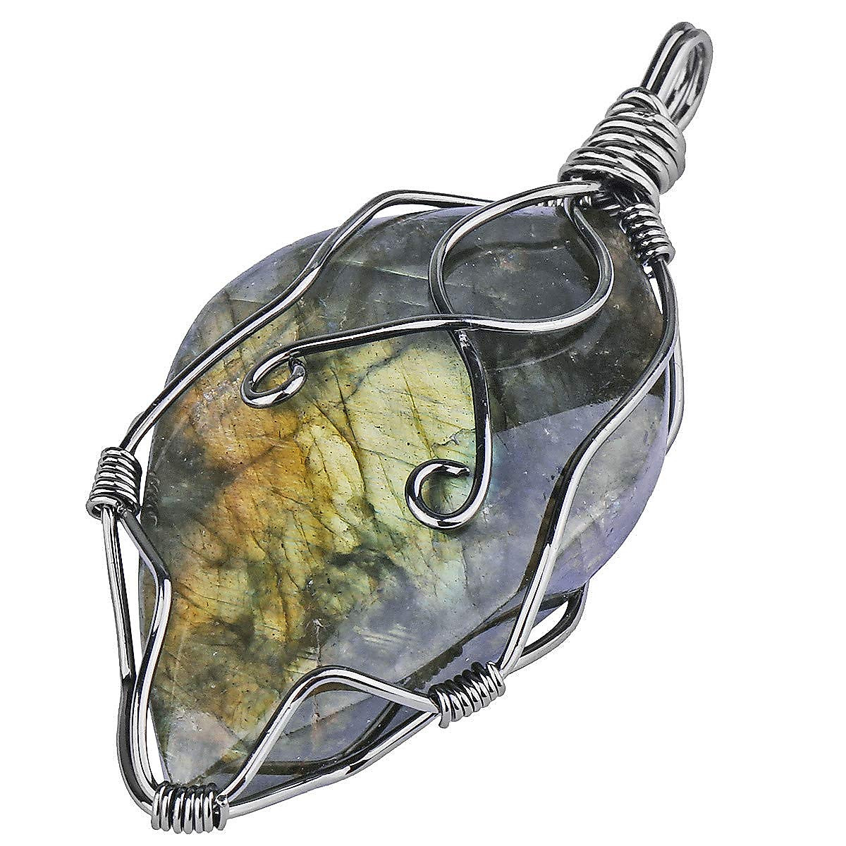 TUMBEELLUWA Labradorite Necklace Irregular Shape Wire Wrapped Quartz Crystal Pendant with Chain Healing Stone Jewelry,Style 2
