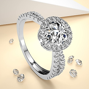 ATESSON S925 Platinum Plated Sterling Silver Engagement Rings,2ct Cut Diamond Ring for Women,4 Prong Moissanite Anniversary Promise Ring,Size Adjustable