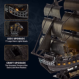 3D Puzzle for Adults Moveable LED Pirate Ship with Detailed Interior Decoration, Large Queen Anne's Revenge Desk Puzzles, Difficult 3D Puzzles with Lights Gifts for Men Women