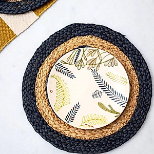 Round Handmade Jute Wicker Placemat, Natural Woven Rustic Dining,m Kitchen Placemat Table Mats, Table Decor, Kitchen Decor Gift (Set of 6) (11.81 Inch Approx, Beige & Blue)
