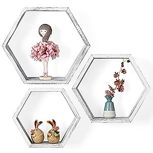 SEHERTIWY Hexagonal Floating Shelves Wall Mounted Set of 3 Wood Farmhouse Storage Honeycomb Wall Shelf for Bathroom, Kitchen, Bedroom, Living Room, Office,Driftwood Finish
