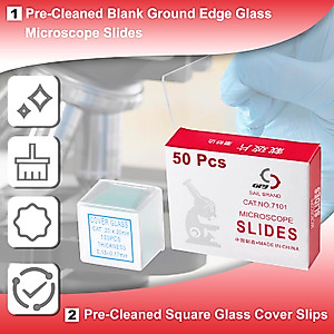 Microscope Slides Clear Glass 50 Pcs Pre-Cleaned Blank Microscope Slides Ground Edges 1" x 3" with 100pcs Pre-Cleaned 20mm x 20mm Microscope Cover Slips Glasses for Basic Biological Science Education