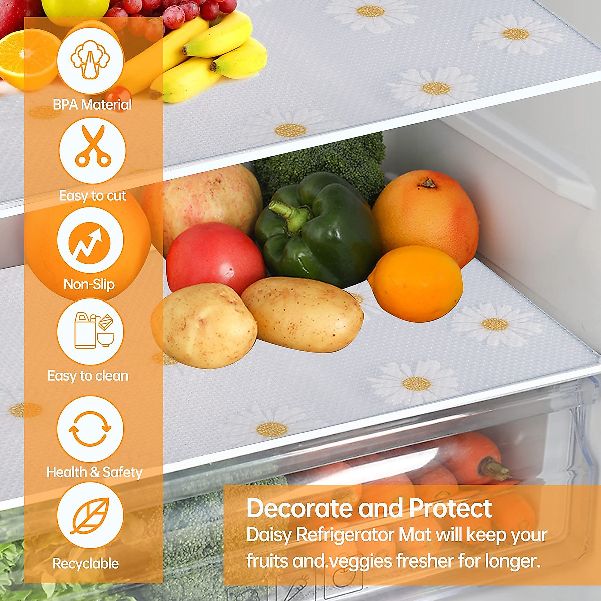 9Pcs Refrigerator Liners,Washable Refrigerator Mats Liner,EVA Daisy Refrigerator Liners,Waterproof Non-Slip Fridge Liners for Drawers Cupboard Placemats,BPA Free,17.7"x11.8",Non Adhesive
