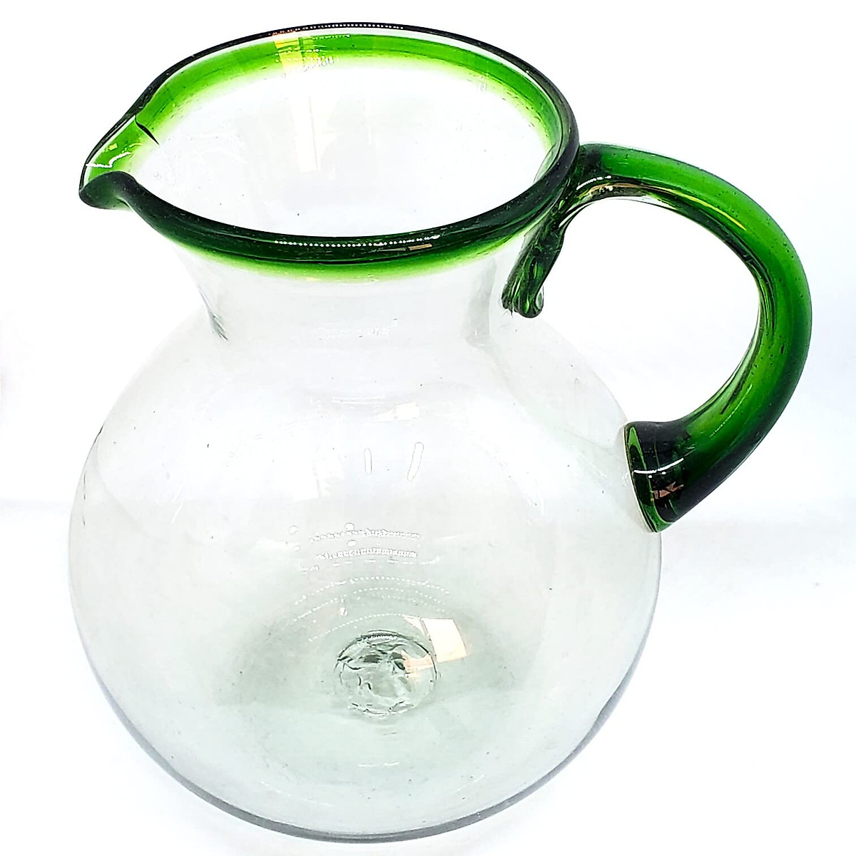 MexHandcraft Emerald Green Rim 120 oz Large Bola Pitcher, Recycled Glass, Lead-free, Toxin-Free (Pitcher)