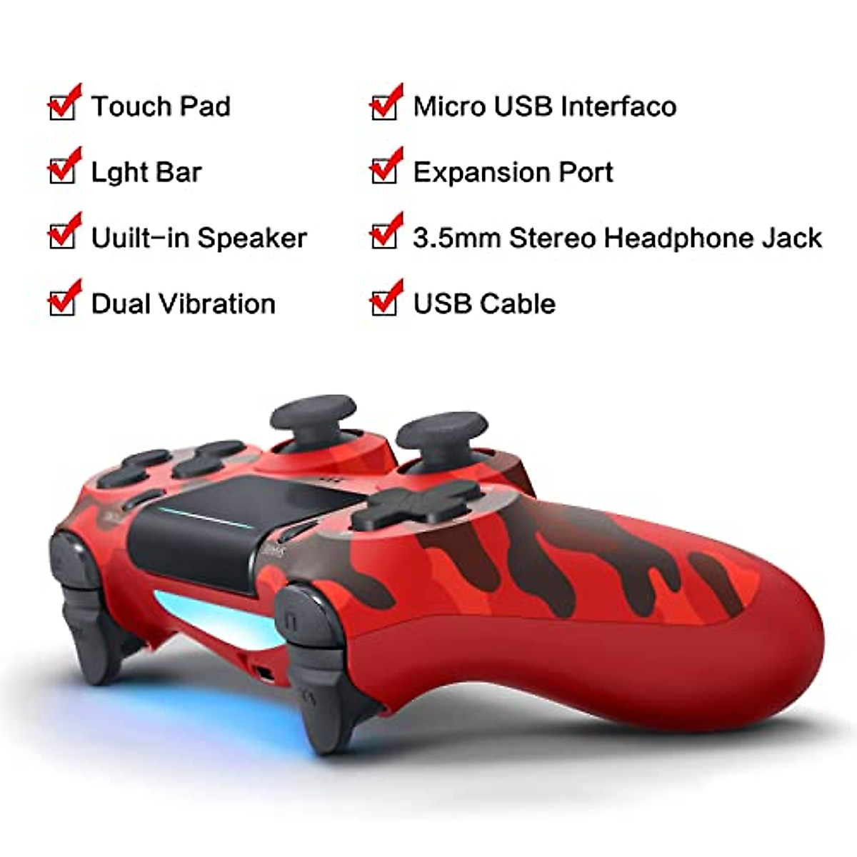 PYMENA Wireless Controller for PS4, Audio Function Bluetooth Gamepad for PS4/Pro/Slim Camo Red