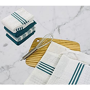 Serafina Home Solid Striped White Teal Kitchen Dish Towels: 100% Cotton Cloth Soft Cleaning Drying Ultra Absorbent, Set of 5 Multipurpose for Everyday Use (Teal White)