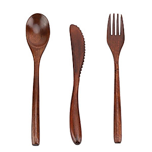 3Pcs Wooden Spoon Fork Knife Cutlery Set, Japanese Reusable Wooden Bamboo Cutlery Set