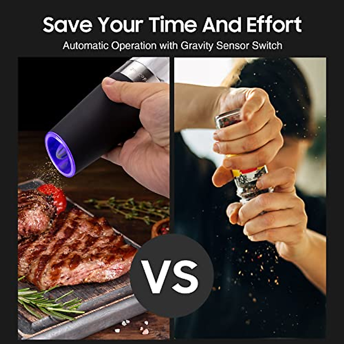 SimCoker Gravity Electric Salt and Pepper Grinder Set, Automatic Salt and Pepper Grinder Set Battery Operated, Adjustable Coarseness with LED Light, One Hand Automatic Operation, Spoon, Black, 2 Pack