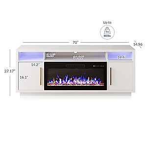 BELLEZE 70" Fireplace TV Stand for TVs Up to 80", LED Light Entertainment Center with 36" Electric Fireplace Heater, Storage Cabinet, Media Console Table for Living Room - Avenue (White)