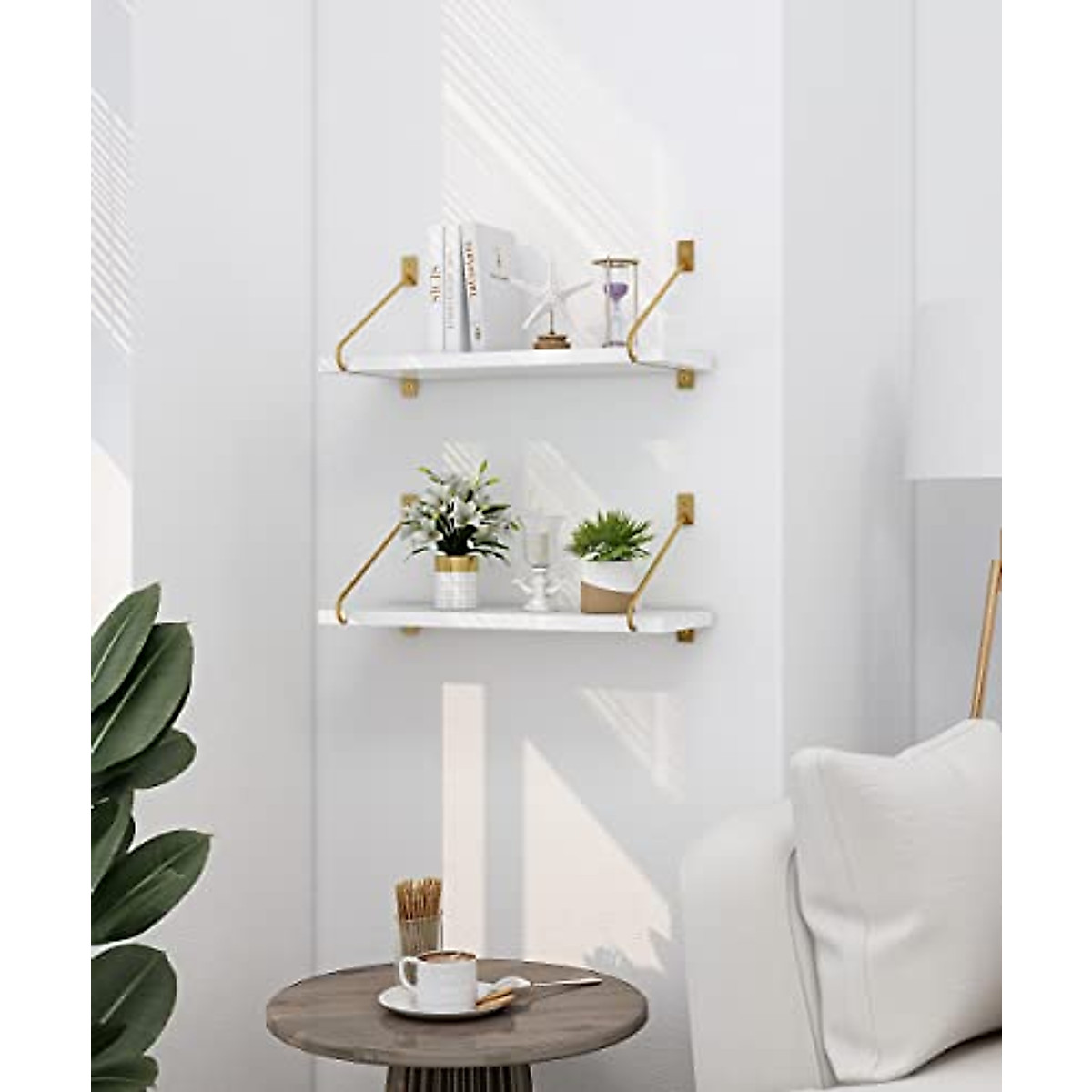 Godimerhea White Floating Shelves for Wall, Set of 2 Wall Mounted Hanging Wood Shelf with Gold Brackets, Modern Luxury Decorative Organizers Storage Shelves for Bathroom, Living Room, Bedroom