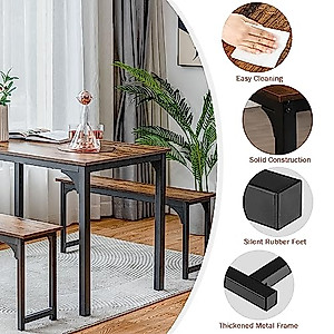 NAFORT 3-Piece Dining Table Set for 4, Kitchen Table with 2 Benches, 43.5’’ Space Saving Dining Room Table with Metal Frame & Solid MDF Wood Board, Ideal for Home, Restaurant, Patio Outdoor