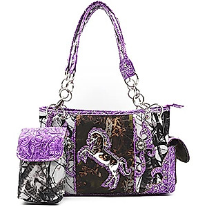 Camouflage Western Style Tote Studded Handbag Concealed Carry Purse Country Women Shoulder Bag Wallet Set (#2 Purple Set)