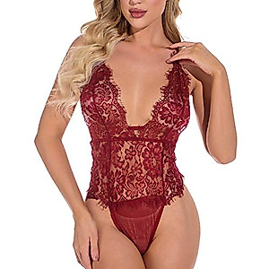 wodceeke Sexy Sling Lace Siamese Plus Size Lingerie For Women See-through Hollow Embroidered Pajamas Shapewear (Red, XXL)