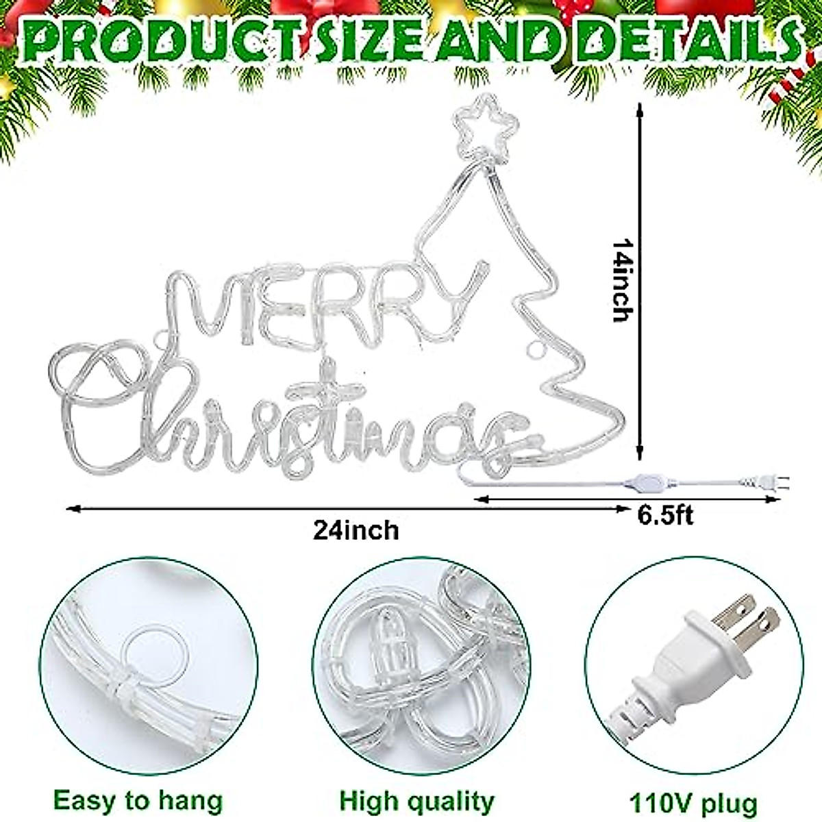 Retisee 24 Inch Jumbo Merry Christmas Neon Light Outdoor Large Merry Christmas Neon Signs Waterproof LED Christmas Sign for Indoor Home Window Party Garage Walls (Xmas Tree)