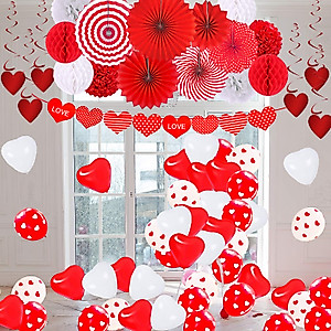 Doumeny 49PCS Valentines Day Party Decorations Kit with Valentine's Paper Fans, Heart Garland Banner, Paper Pompoms, Heart Balloons, Hanging Heart Swirls for Wedding Valentine Anniversary Party