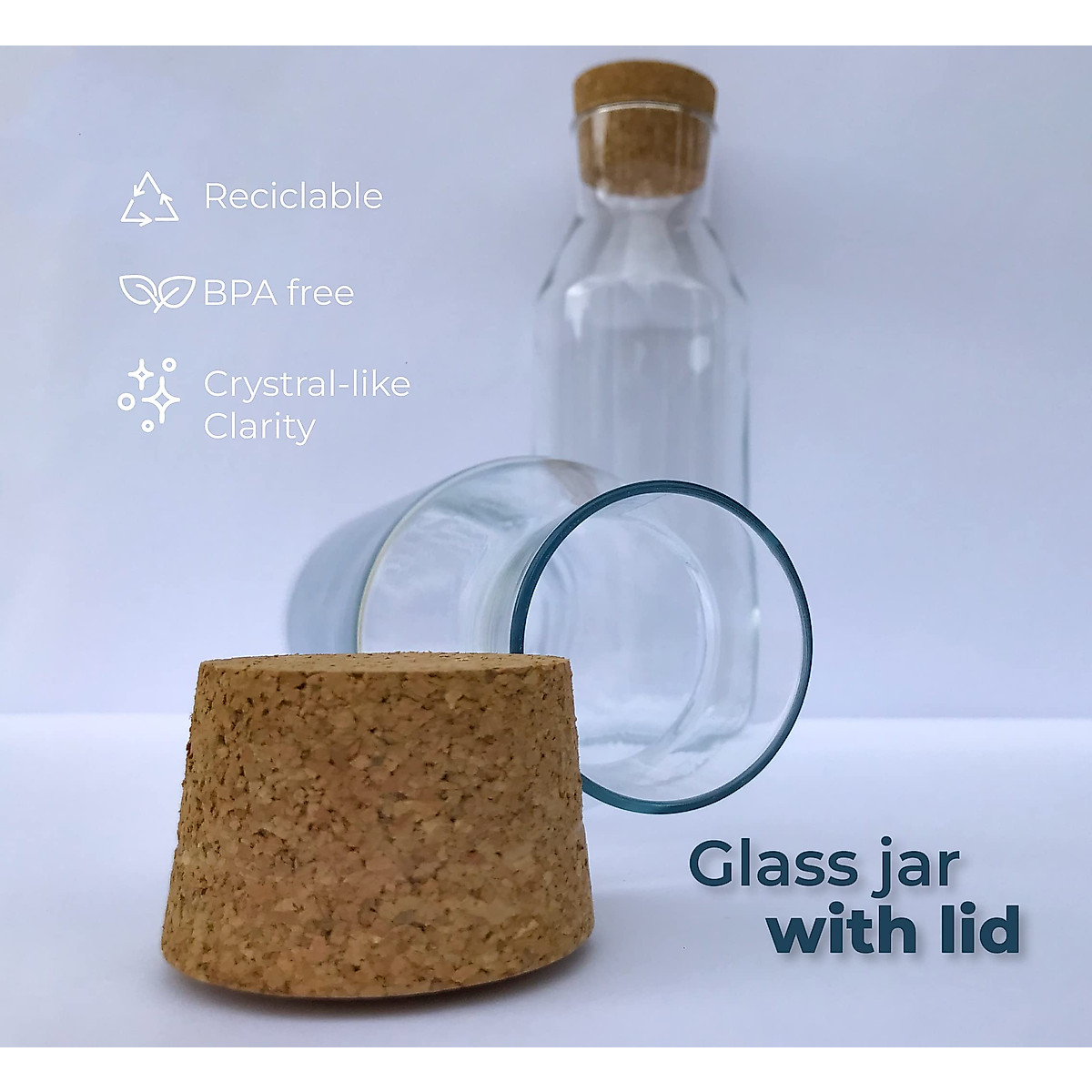 2 Clear Glass Carafe (34 Oz) With Cork Stopper - Hot and Cold Water Pitcher – Tea - Coffee Maker - Iced Tea - Wine Carafe - Juice Carafe - Glass Food Carafe - Cereal - Rice - Lentil - Beans.