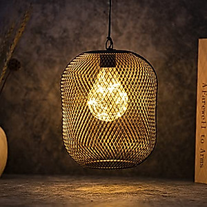 TRIROCKS Battery Operated Hanging Lamp 8.5'' High Metal Mesh Lanterns with Warm Fairy Lights Bulb Perfect for Christmas Home Living Room Garden Patio Parties Events Tabletop Indoors Outdoors (Black)