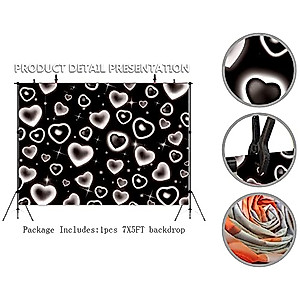 VOUORON 7x5ft Early 2000s Backdrop for Black Heart Party Photography Backdrops Glitter Heart Sweet 16 Happy Birthday Photo Background Wall Decor Valentines Day Photoshoot Banner