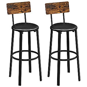VASAGLE Bar Stools, Set of 2 PU Upholstered Breakfast Stools, 29.7 Inches Barstools with Back and Footrest, Simple Assembly, for Dining Room Kitchen Counter Bar, Rustic Brown and Black ULBC069B81