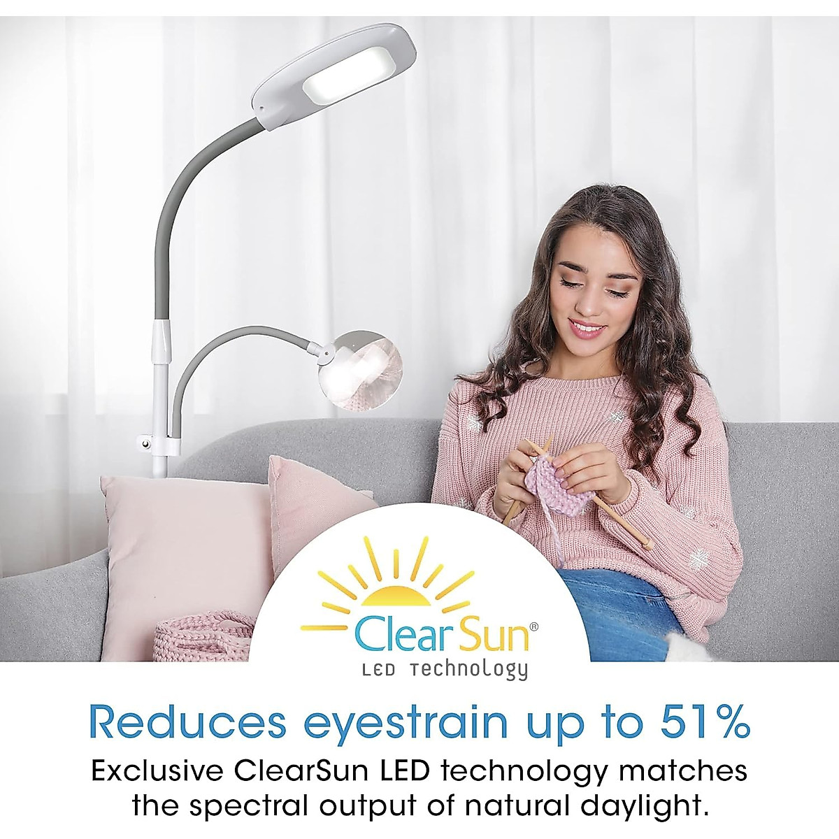 OttLite LED Floor Lamp with Optical Grade Magnifier - ClearSun LED Technology - 3 Brightness Settings, Adjustable Arm & Touch Sensitive Controls - Great for Sewing Table, Crafting, Home  & Office