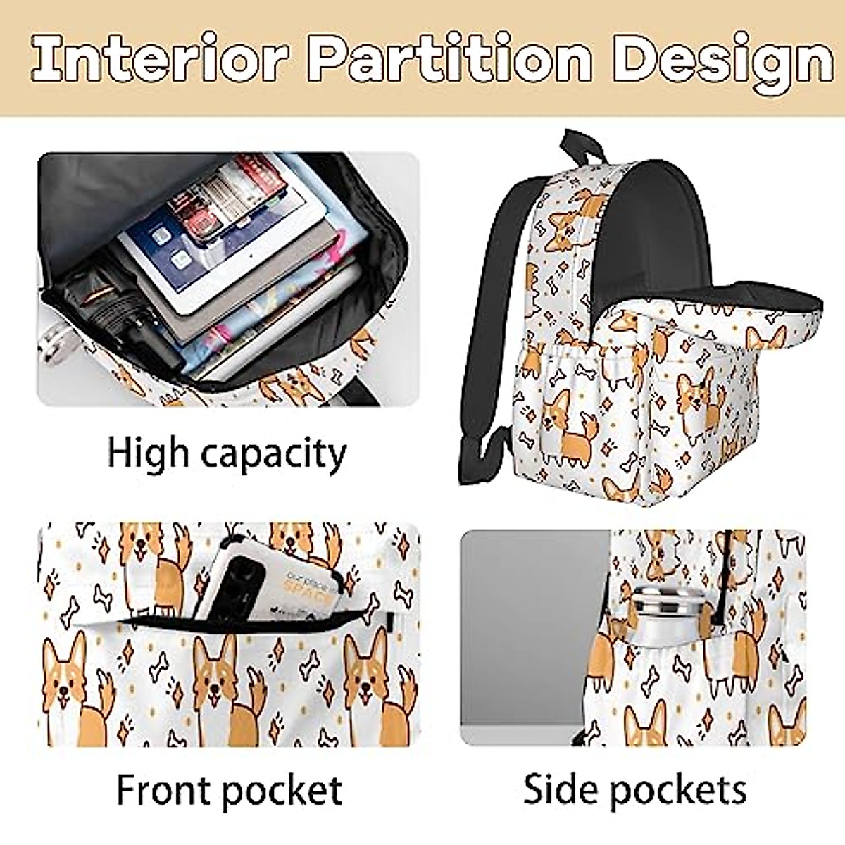 PARN Corgi Backpack For Women Men, 16.9 Inch Corgi Laptop Backpack College Bag Cute Travel Backpack