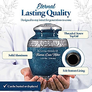 Personalized Cremation Urn for Adult Human Ashes - Custom Engraved Name Large Handcrafted Funeral Memorial with Striking Blue Design (Aluminum - 10 Inch Height x 7 Inch Width)