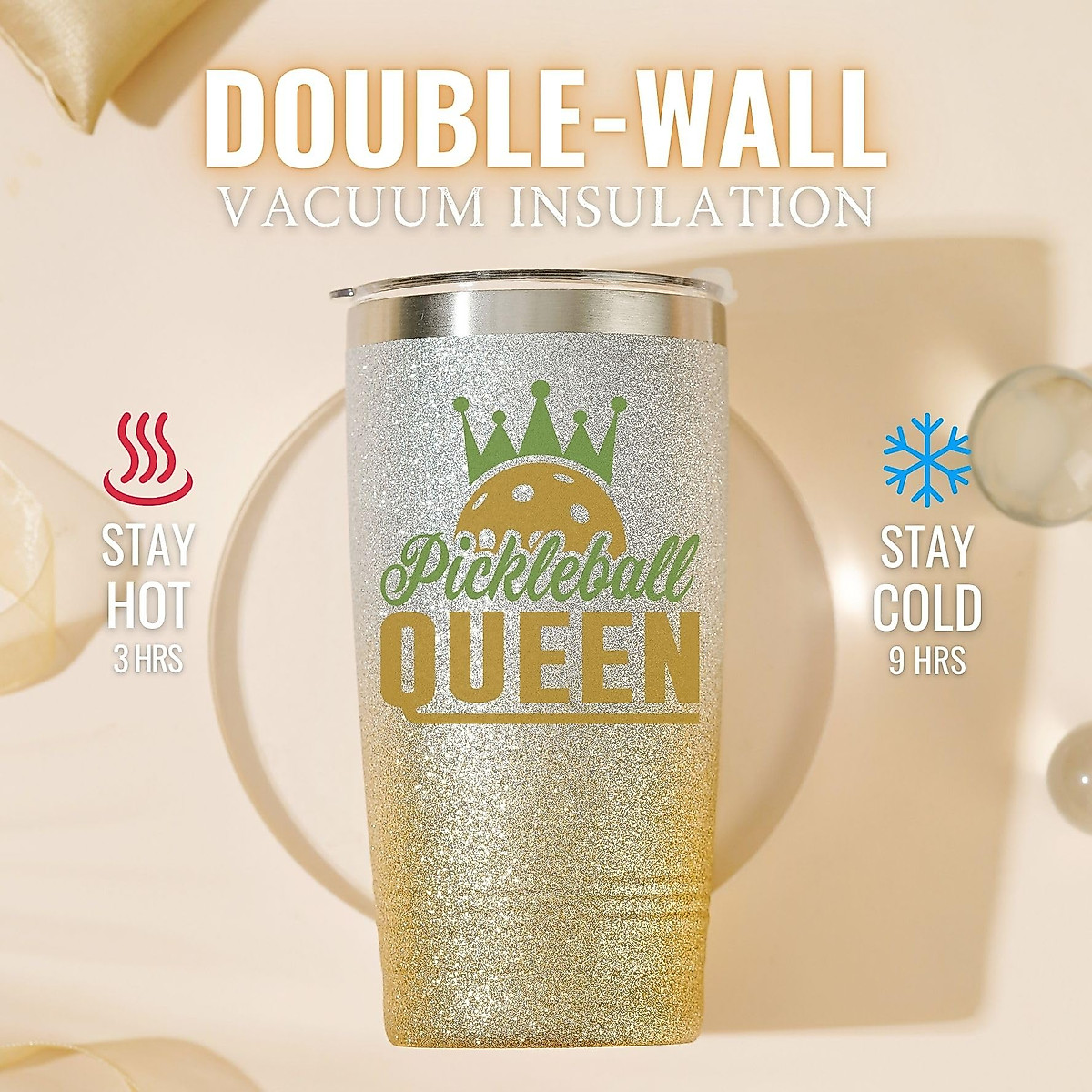 Onebttl Pickleball Gifts for Women - Insulated 20oz Stainless Steel Travel Tumbler with Straw and Lid - Queen of the Pickleball Court