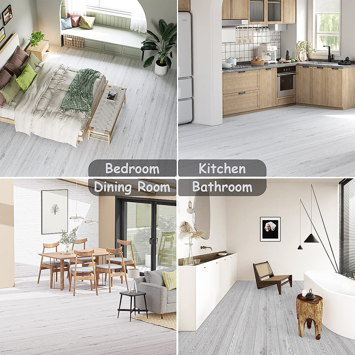 Freshtour Vinyl Flooring Roll, Wood Grain Peel and Stick Floor Tiles 23.6"x 393.7"/64 Sq.Ft, Wear-Resistant and Waterproof Vinyl Plank Flooring for Bedroom Living Room Kitchen RV Office, Light Gray