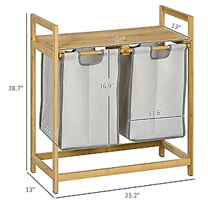 HOMCOM Double Laundry Hamper 2 Section Bamboo Laundry Basket with Storage Shelf 2 Pull-Out and Removable Bags for Bedroom Bathroom Laundry Room 2 x 10.7 Gallons Natural Wood and Dark Gray