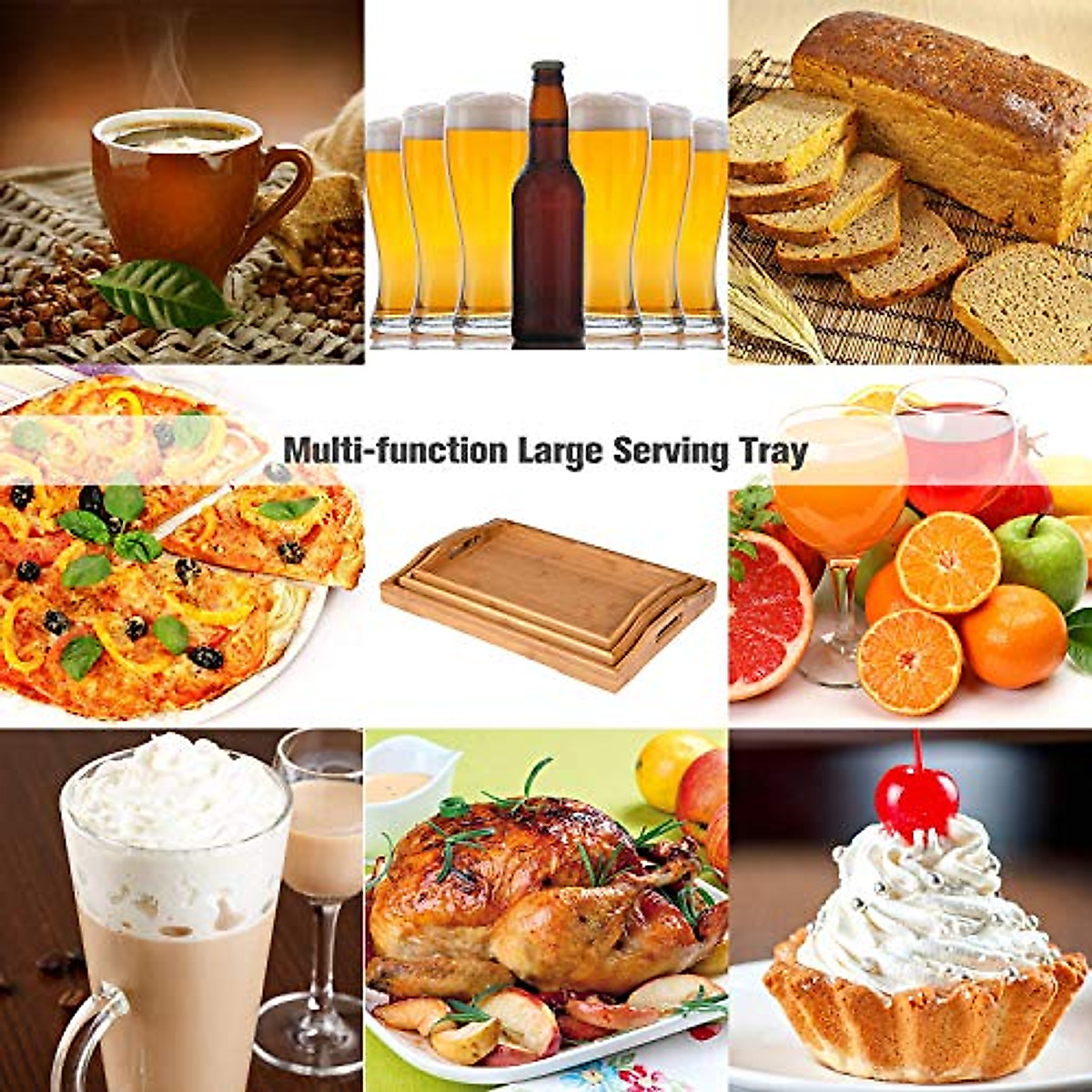 3 Pack Serving Tray,Large Bamboo Serving Tray with Handles Wood Serving Tray Set for Coffee,Food,Breakfast,Dinner