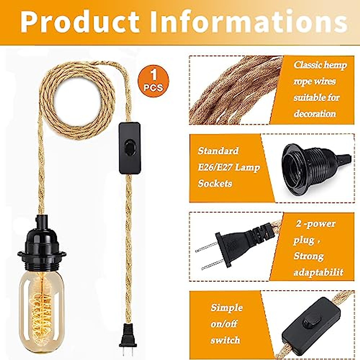HESSION Rattan Wrapped Extension Hanging Lantern Cord, Plug-in Pendant Light with Hemp Cord - 15ft, E26/E27 Compatible Plug in Vintage Fabric Lamp Cord - Ideal for Rustic Lighting and Boho Style Decor