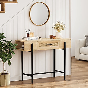 IDEALHOUSE Console Table Rattan Sofa Tables Narrow Entryway Table with Drawer and Storage, 40” Behind Couch Table Hallway Table Boho Desk Home Furniture for Living Room, Foyer, Bedroom