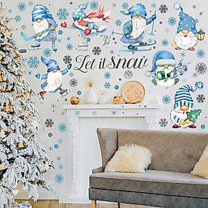 135 Pcs Snowy Winter Gnome Snowflake Wall Decals Christmas Wall Decals Snowflakes Wall Decal Silver and Blue Theme Christmas Snowflake Wall Stickers for Home Bedroom Kitchen Decor Gift(Snow Style)
