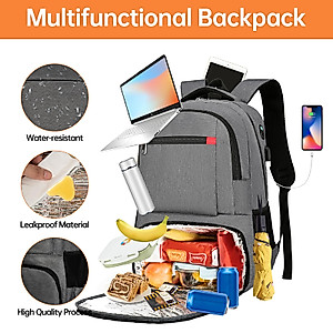 DAILY&DIARY Lunch Backpack, Insulated Cooler Backpack with Lunch Compartment for Men Women Water Resistant Lunch Bag 15.6 Inch Laptop Backpack Durable for Work, School, Camping, Picnics, Grey
