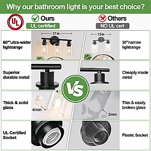 3-Light Bathroom Light Fixtures, Black Bathroom Wall Lights, Modern Bathroom Vanity Light with Clear Glass Shade, Bathroom Wall Lamp for Mirror Kitchen Bedroom Living Room Hallway Cabinet Porch