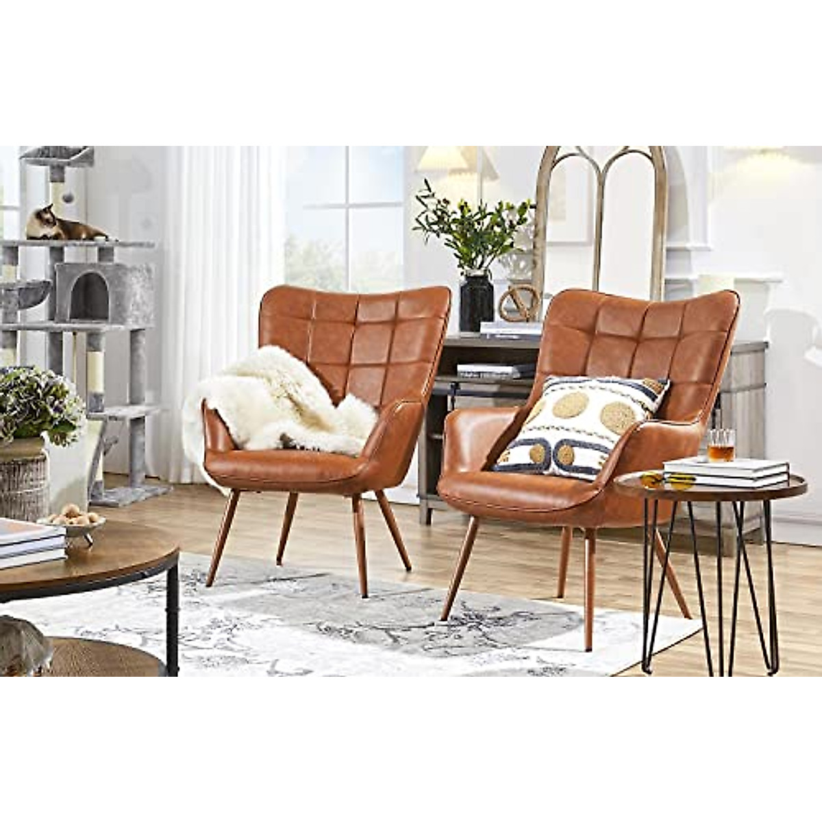 Yaheetech Faux Leather Chair Upholstered Living Room Chairs Accent Armchair with Tapered Legs Tufted Sofa Chairs for Home Office/Dining Room/Bedroom Brown, Set of 2