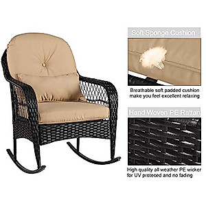 BAIJIAWEI B Outdoor Wicker Rocking Chair - Garden Patio Yard Porch Lawn Balcony Backyard Furniture All- Weather Wicker Rocker Chair with Cushions(1PC,Khaki)