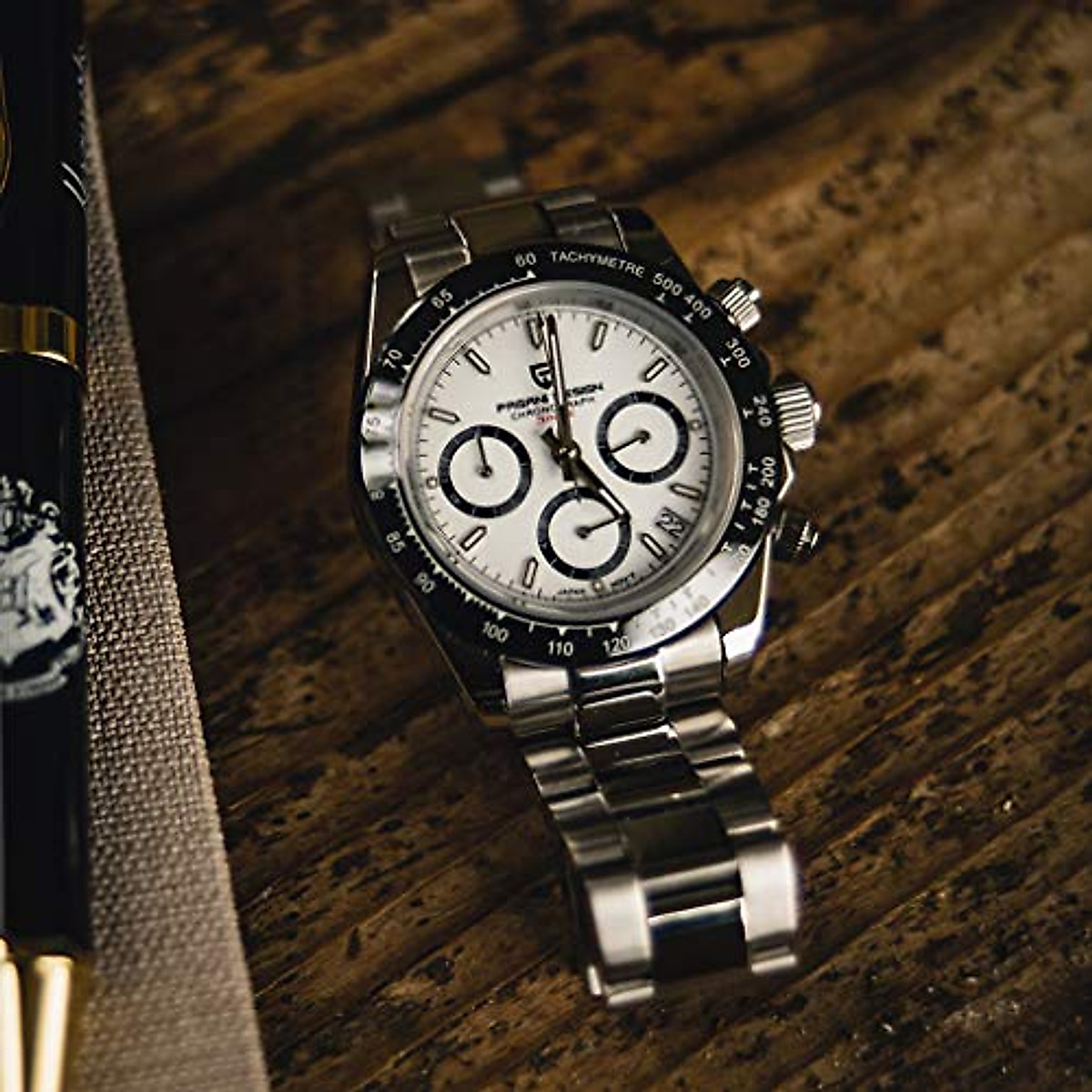 Pagani Design Daytona Homage Men's Quartz Watches Japan Movement Ceramic Bezel Stainless Steel Band Screw-in Crown Waterproof Sport Chronograph Watch