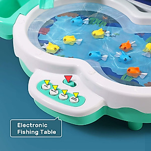 CUTE STONE Fishing Game Toys with Slideway,Electronic Toy Fishing Set with Magnetic Pond,10 Fish,3 Magnetic Dolphins,2 Toy Fishing Poles,Learning Educational Toys with Music Story for Kids Toddlers