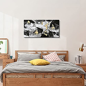Pigort Canvas Wall Art Shiny Gold and Black White Abstract Canvas Print Wall Decor Large Abstract Painting Modern Home Office Wall Decoration, 20x40 Inch