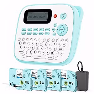 Vixic Portable Label Maker Machine with Tape,D210S Labeler Label Printer,QWERTY Keyboard,Sticker Makers for Labeling with 4 Laminated Tapes,AC Adapter for Home School Kids Office Organization
