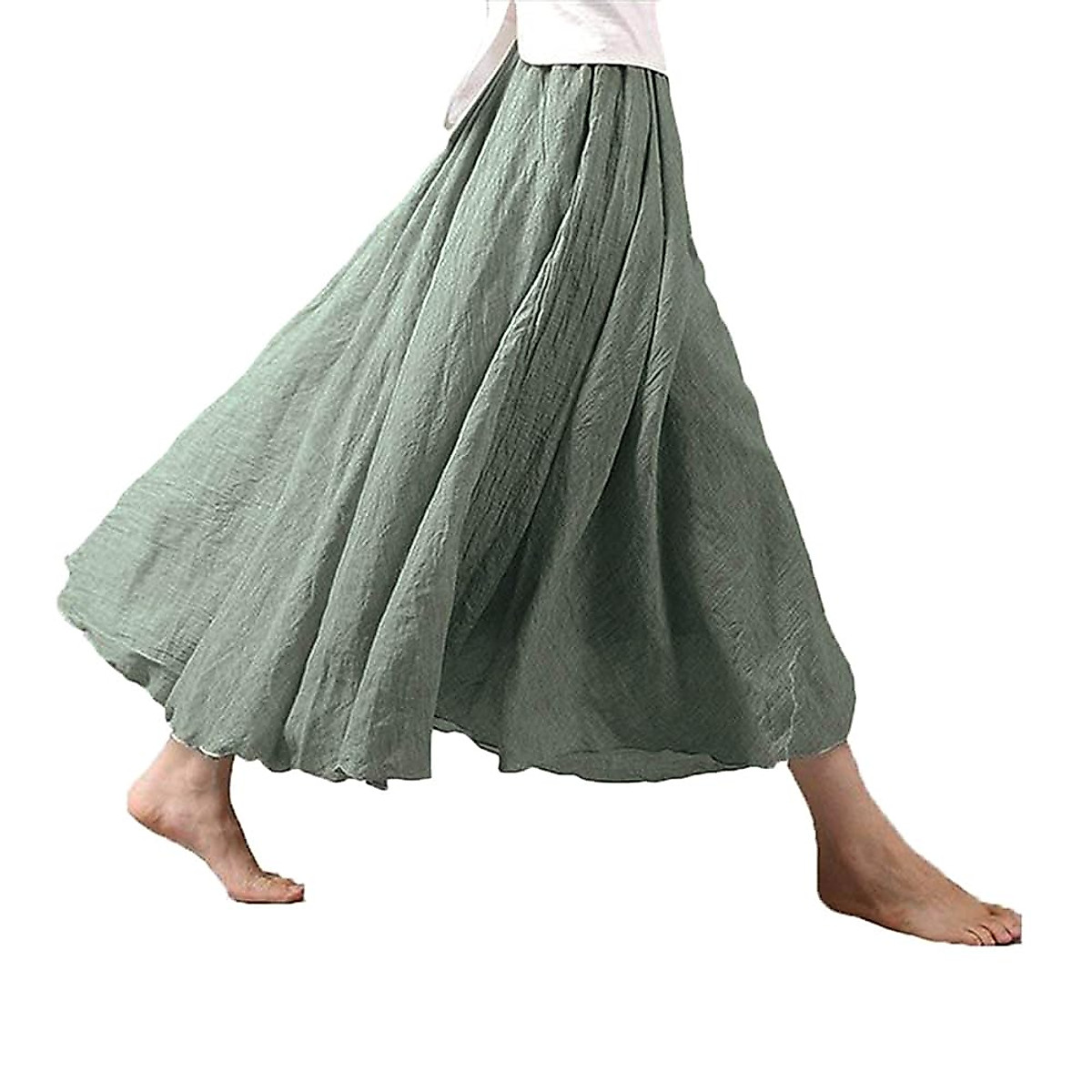 ASHER FASHION Women's Bohemian Style Elastic Waist Band Cotton Linen Long Maxi Skirt Dress (85CM, Light Green)