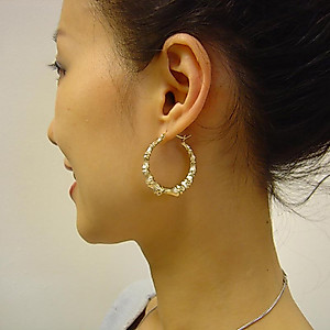 14K Yellow Gold Small Size Round Bamboo Hoop Hollow Earrings 1 3/8 Inches