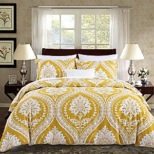 Bedduvit Yellow Damask Duvet Cover Queen Size - 100% Cotton Queen Fluffy Duvet Cover Set, Breathable Soft Paisley Pattern Bedding Comforter Cover with Zipper Closure & 8 Ties, 90"x90"