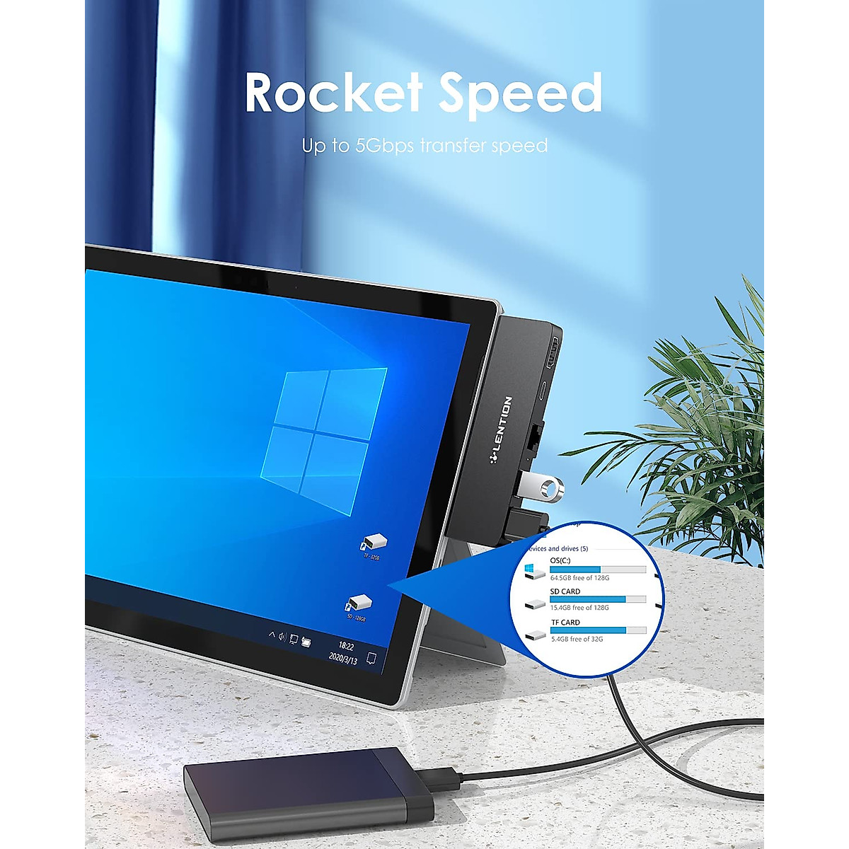 LENTION Surface Pro 7 USB C Hub Docking Station,5-in-1 Microsoft Surface Pro 7 Hub,4K@60Hz USB-C to HDMI Hub,USB C to Gigabit Ethernet Hub,2 USB 3.0 Hub,PD 60W Type C Charging Port Hub(CS35,Black)